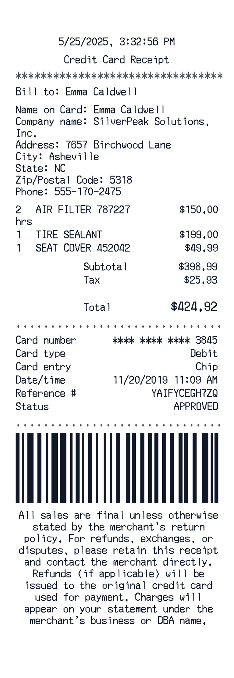 Generate Credit Card Receipt