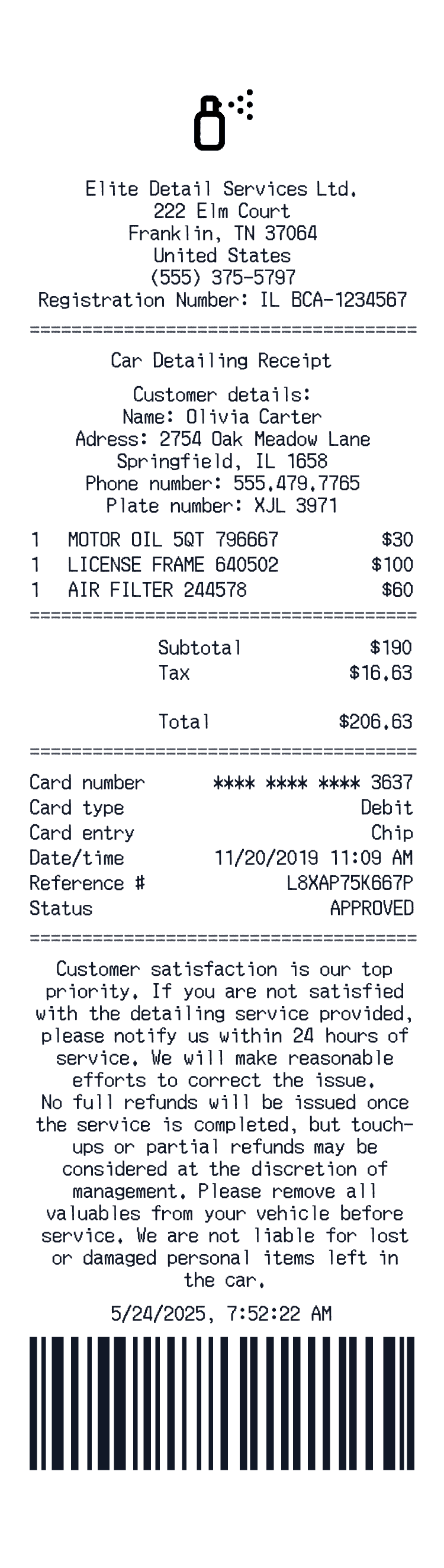 Generate Car Detailing Receipt