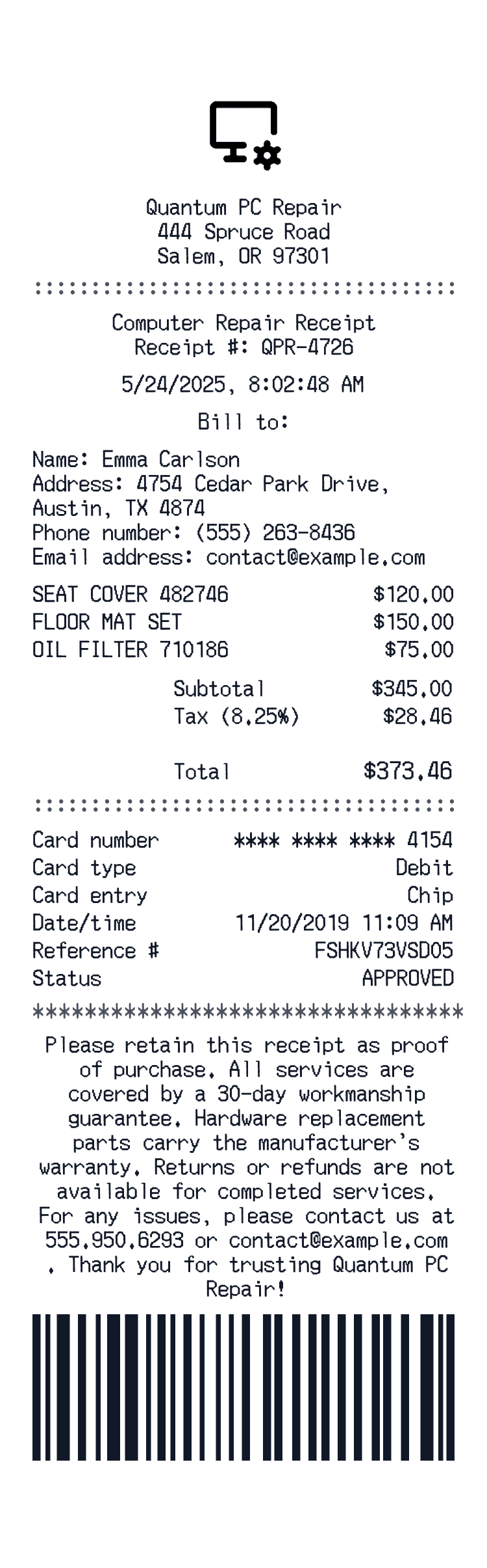 Generate Computer Repair Receipt