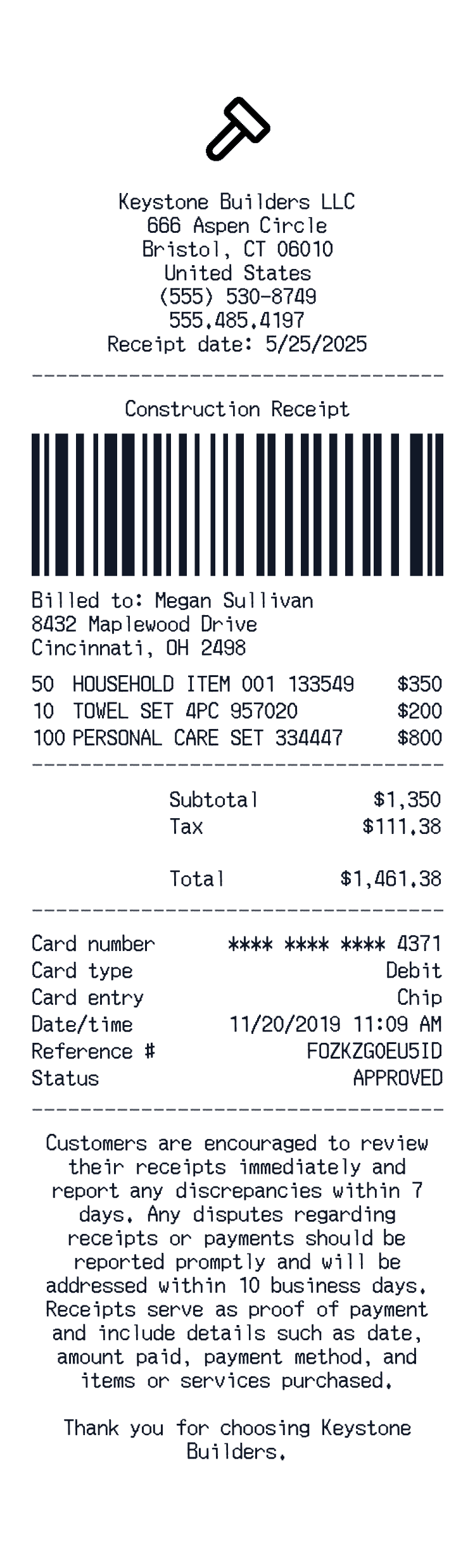Generate Construction Receipt