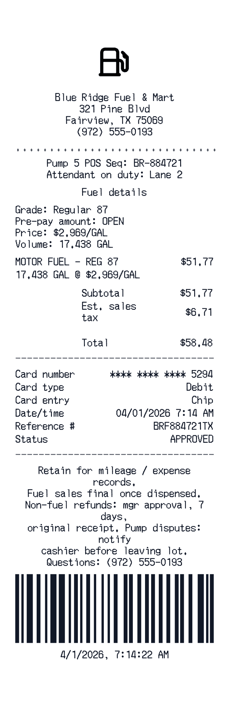 Generate Gas Receipt