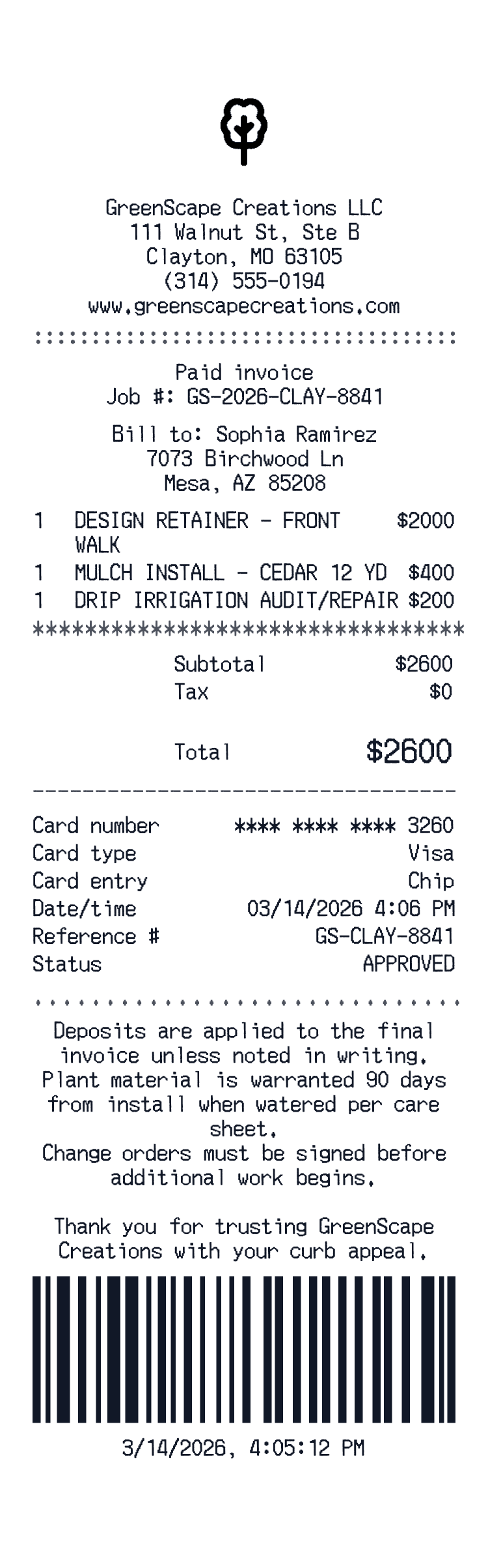 Generate Landscaping Receipt