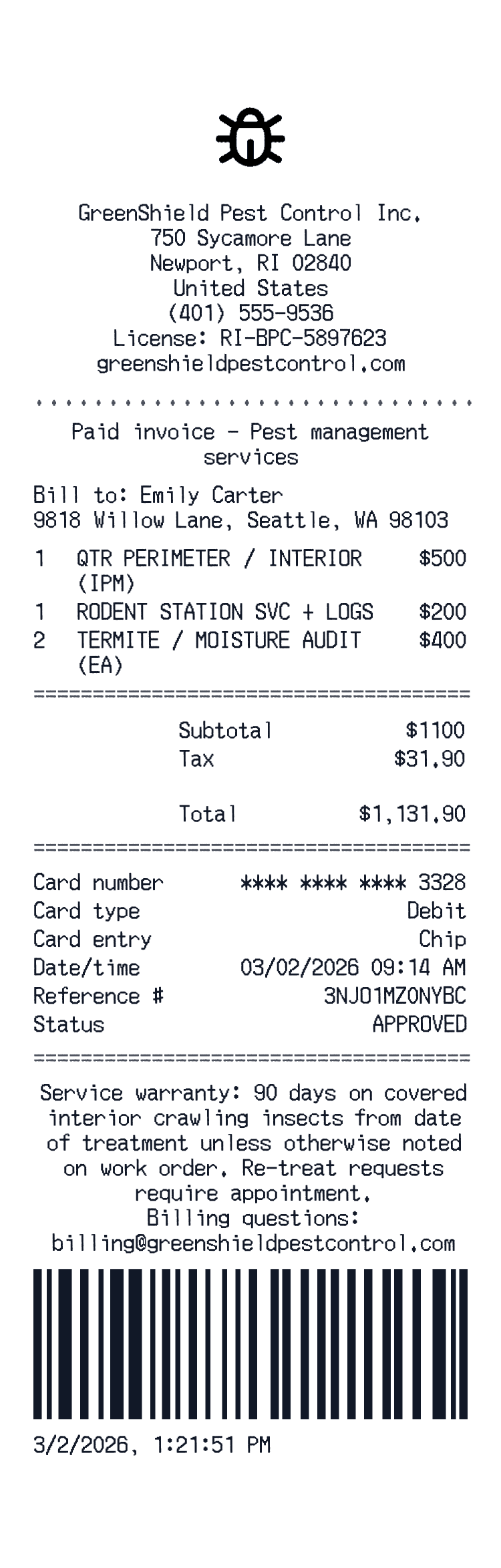 Generate Pest Control Receipt