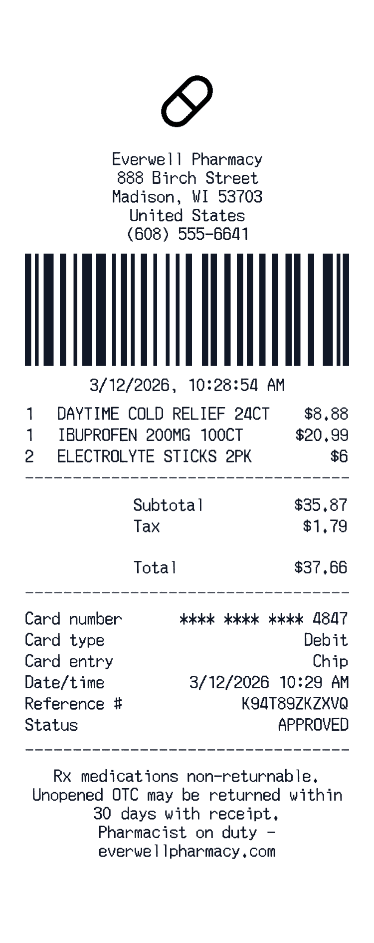 Generate Drugstore receipt · pharmacy receipt