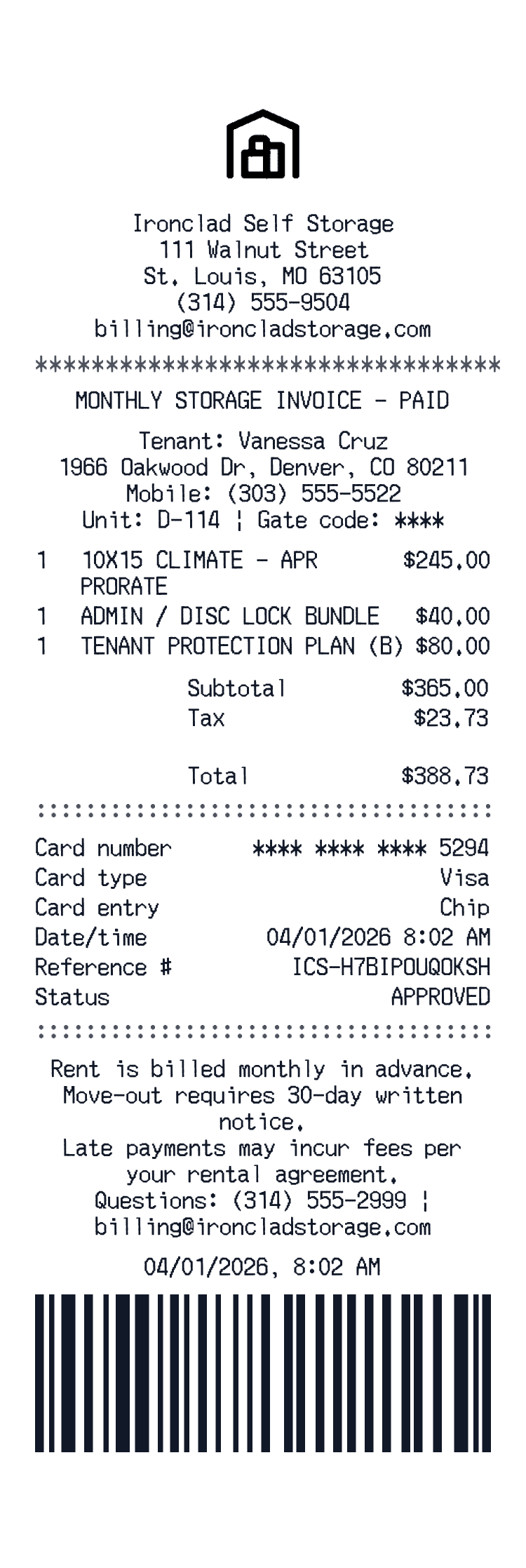 Generate Storage receipt · storage