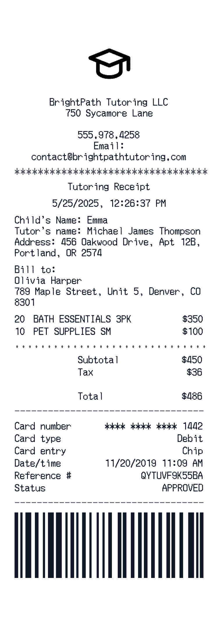 Generate Tutoring Receipt
