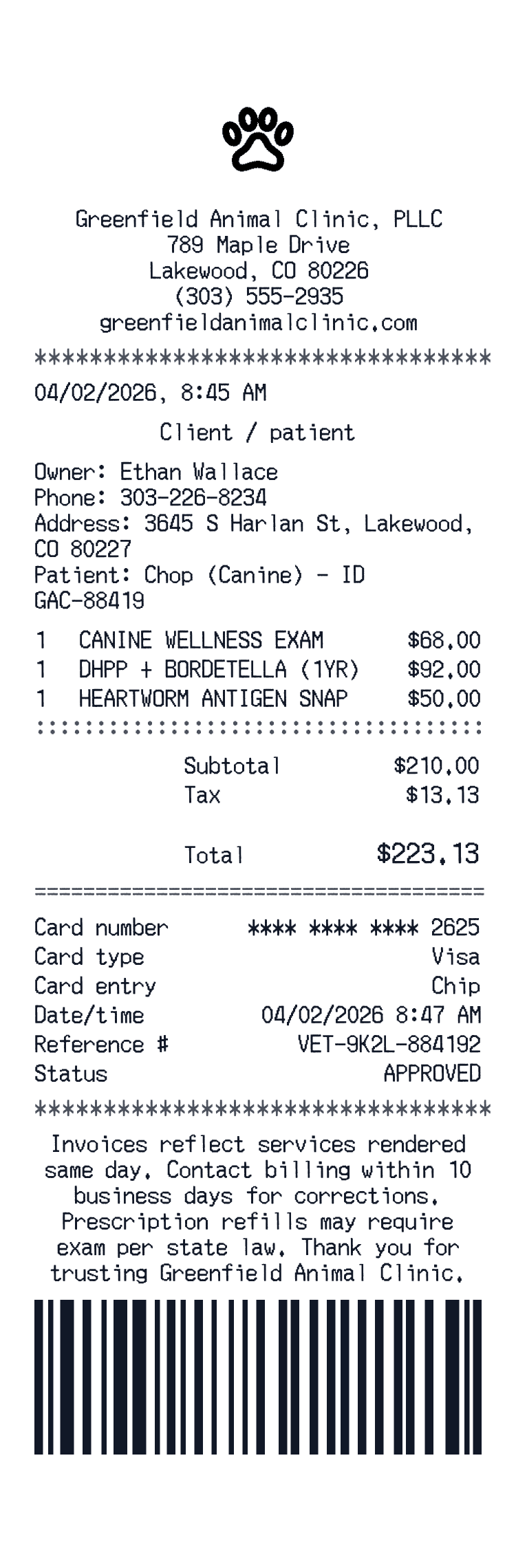 Generate Vet receipt · vet